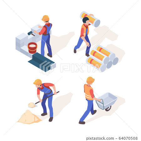 Builders isometric. Construction workers in... - Stock Illustration ...