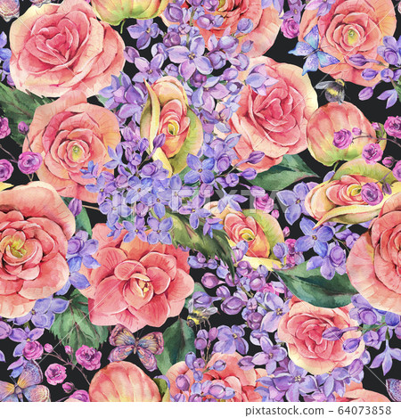 Watercolor vintage summer seamless pattern of - Stock Illustration ...