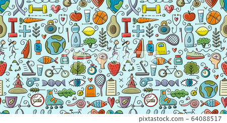 World health day. Seamless Pattern with healty... - Stock Illustration ...