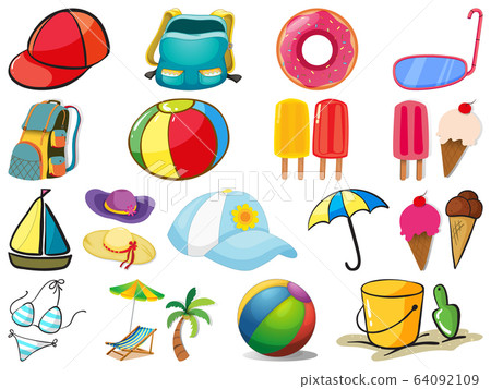 Large set of different summer objects on white - Stock Illustration ...