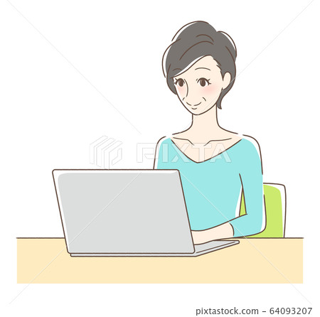 Smiling woman operating a computer - Stock Illustration [64093207] - PIXTA