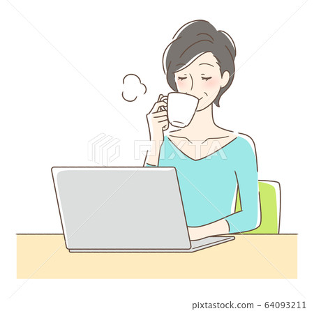 A woman drinking coffee in front of a computer - Stock Illustration ...
