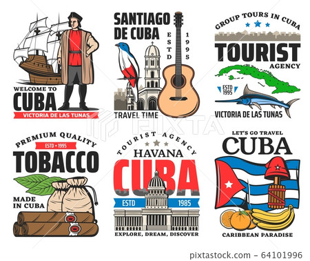 Cuba travel icons with Cuban flag, map, landmarks - Stock Illustration ...