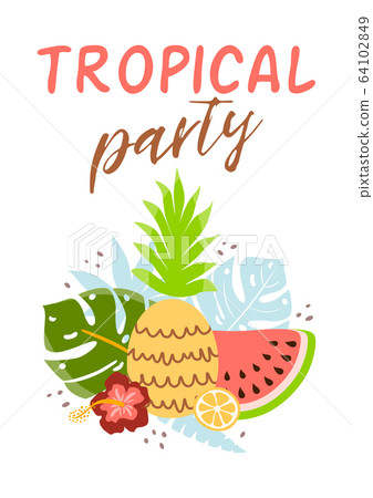 Tropical party banner with pineapple watermelon... - Stock Illustration ...
