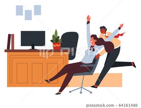 Office worker pushing chair with seated... - Stock Illustration ...