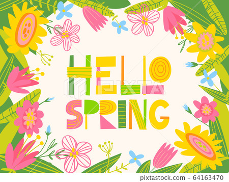 Vector card with flowers and Hello Spring...-插圖素材 [64163470] - PIXTA圖庫