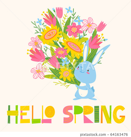Vector card with flowers, rabbit and Hello...-插圖素材 [64163476] - PIXTA圖庫