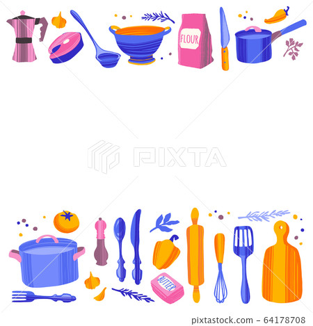 Kitchen tools. Vector decorative frame in flat... - Stock Illustration ...