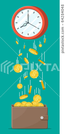 Money wallet, gold coins falling from clocks. - Stock Illustration ...