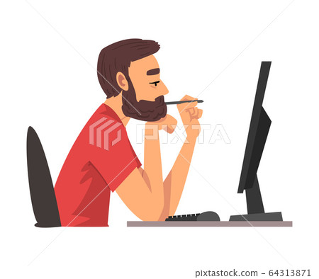 Bored Man Working with Computer, Lazy Guy... - Stock Illustration ...