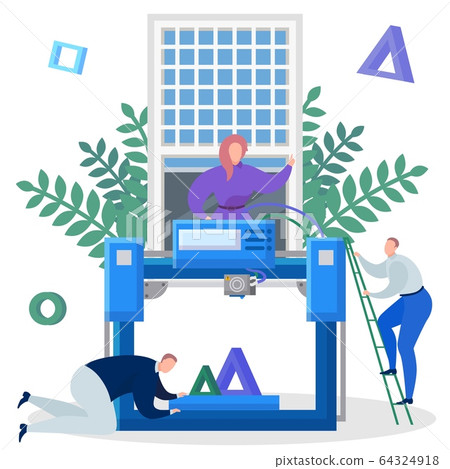 Team of engineers print on a 3d printer vector... - Stock Illustration ...