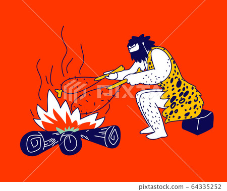 Caveman Character Frying Meat on Bonfire... - Stock Illustration ...