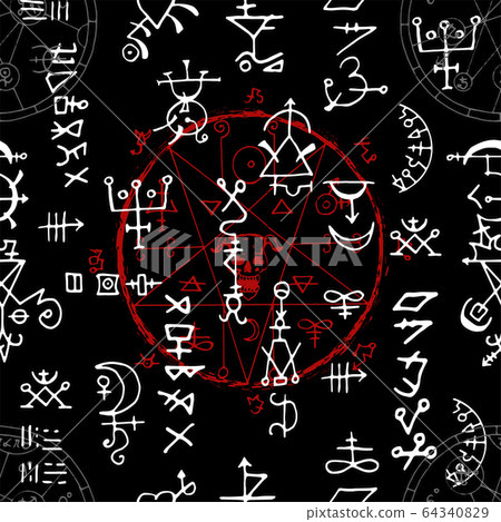 Seamless pattern with red magic seal and... - Stock Illustration ...