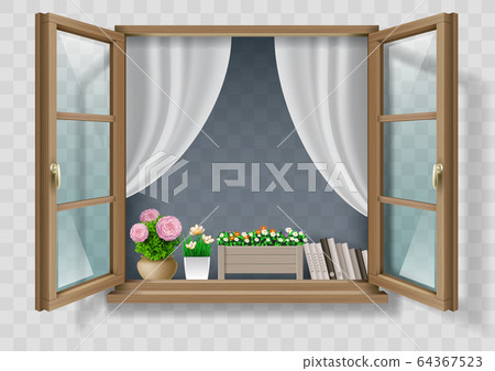 Wooden oak brown classic vintage open window - Stock Illustration ...