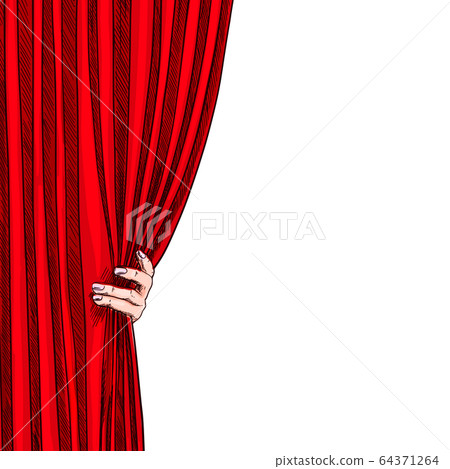Hand opening red folded curtain, white background - Stock Illustration ...