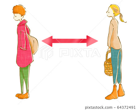 Illustration of customers lining up at a distance - Stock Illustration ...