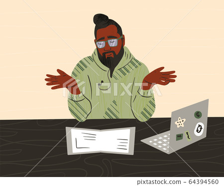 Bearded men sitting with laptop. Vector design. - Stock Illustration ...