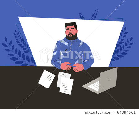 Bearded man sitting with laptop. Vector design. - Stock Illustration ...