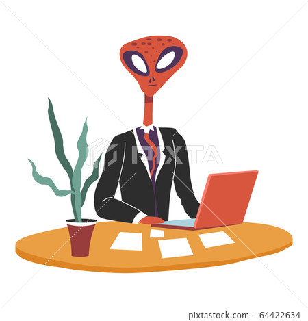 Alien boss working on project on laptop in office - Stock Illustration ...