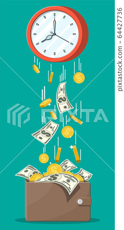 Money wallet, coins banknotes falling from clocks. - Stock Illustration ...