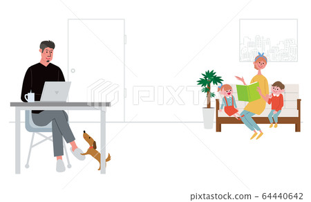 Remote-working man and family Telework... - Stock Illustration ...