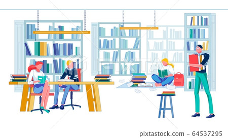 College Library Full Student Reading for Class - Stock Illustration ...