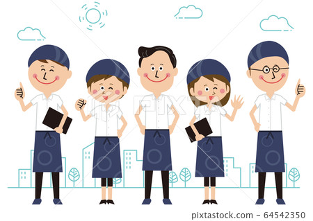 Men and women of pop izakaya staff line up and... - Stock Illustration ...