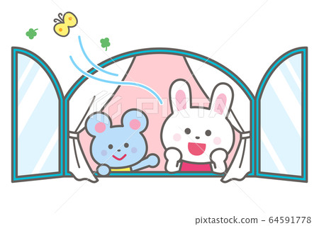 Rabbit and mouse looking out from window /... - Stock Illustration ...