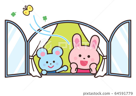 Rabbit and mouse looking out from window /... - Stock Illustration ...