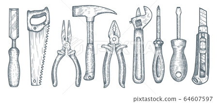 Set of hand tools. Collection of hand drawn... - Stock Illustration ...