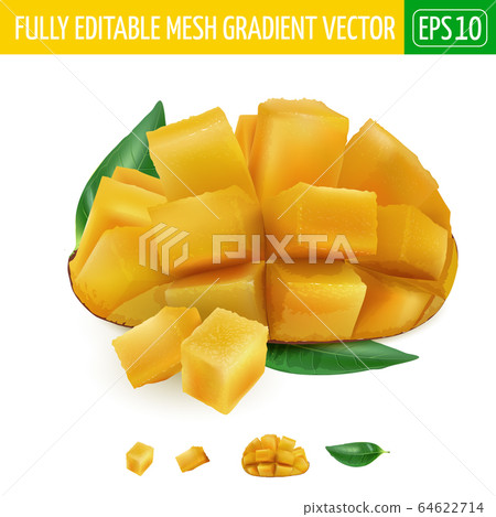 Cube sliced fresh mango with green leaves. - Stock Illustration ...