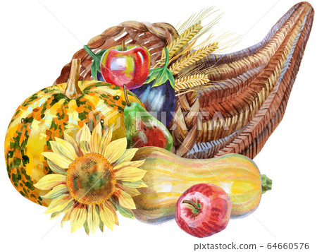 Watercolor cornucopia filled with vegetables and - Stock Illustration ...