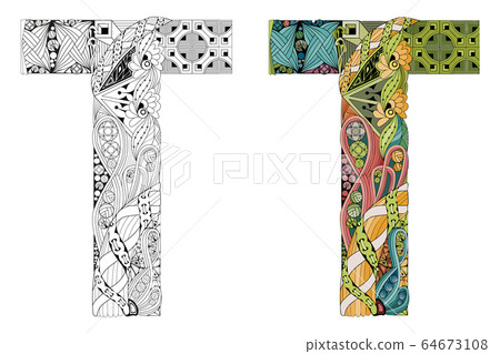Letter T zentangle for coloring. Vector decorative - Stock Illustration ...