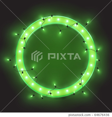 Green retro neon circle frame, led shiny lights - Stock Illustration ...