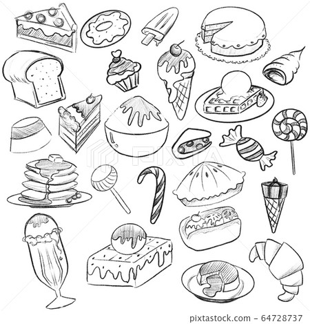 Hand draw sketch of sweet desserts set on white... - Stock Illustration ...