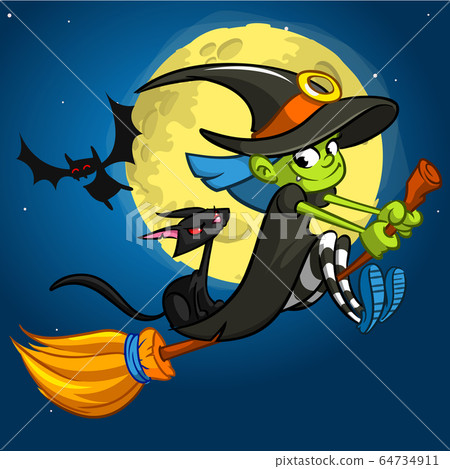 Cute cartoon witch flying on her broom. Vector - Stock Illustration ...