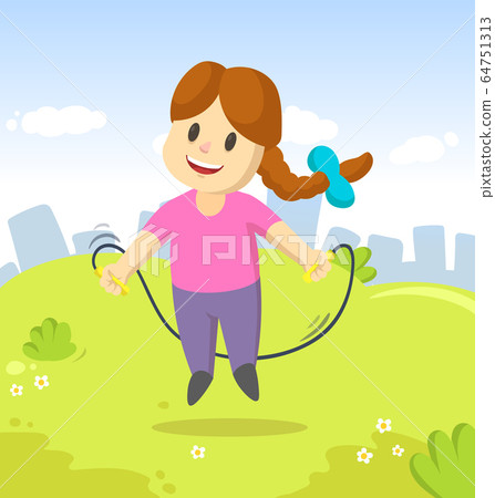 Happy smiling little girl jumping over a... - Stock Illustration ...