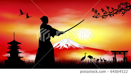 Japanese landscape with a samurai warrior - Stock Illustration ...