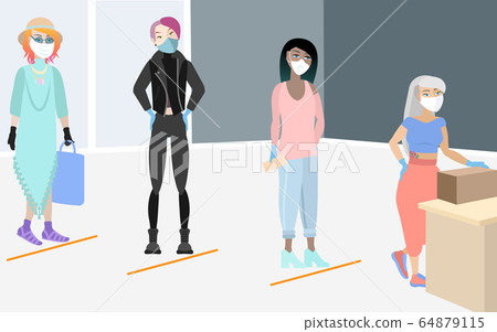 Cartoon characters in waiting line during the - Stock Illustration ...