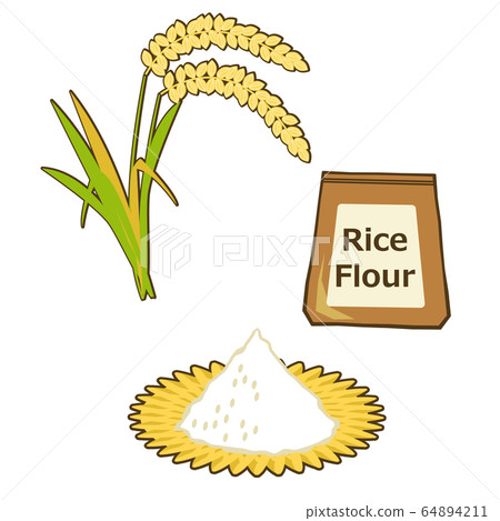 Rice flour, rice flour bag, ear of rice (English) - Stock Illustration ...