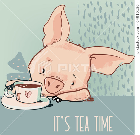 cute little pink cartoon pig with tea - Stock Illustration [64910186 ...