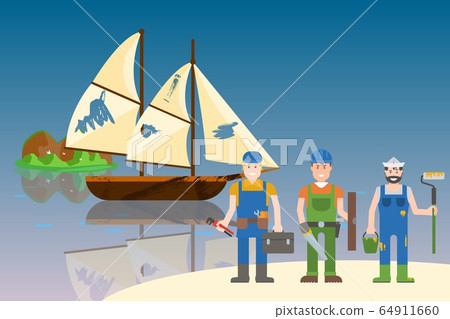 Repairs old ships in bottles, vector... - Stock Illustration [64911660 ...