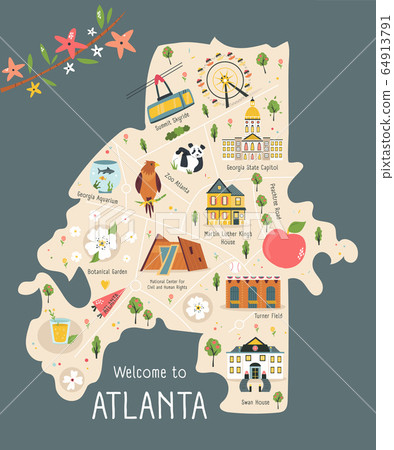 Illustrated map of Atlanta with famous symbols - Stock Illustration ...