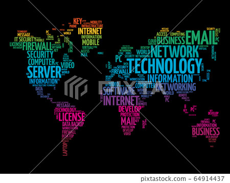 Technology word cloud in shape of world map - Stock Illustration ...