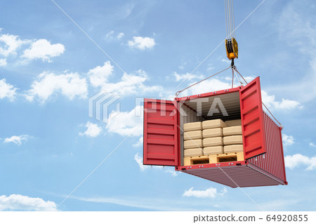 3d rendering of crane lifting open red shipping... - Stock Illustration ...