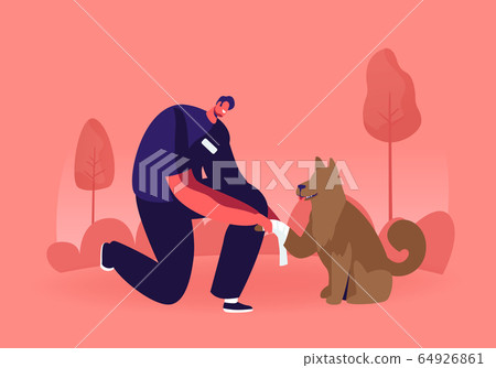 Young Man Standing on Knee Bandage Homeless Dog... - Stock Illustration ...