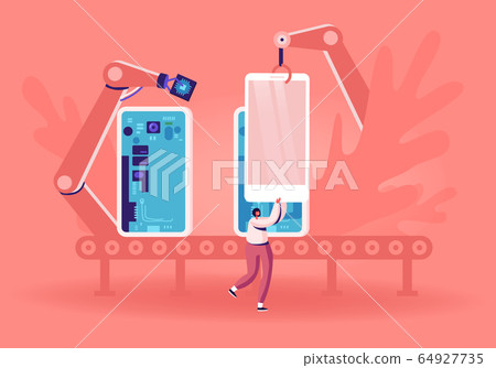 Huge Robot Arms Assemble Smartphone or Tablet... - Stock Illustration ...