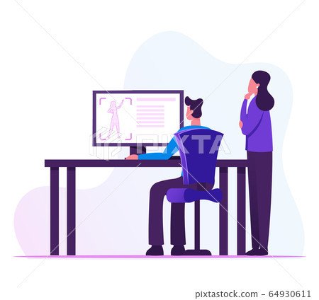 Male and Female Developers Looking on Computer... - Stock Illustration ...