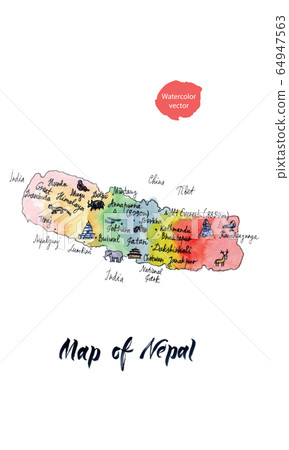 Cartoon map of attractions of Nepal, hand drawn... - Stock Illustration ...