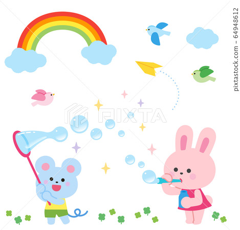 Rabbit and mouse playing soap bubbles Rainbow... - Stock Illustration ...